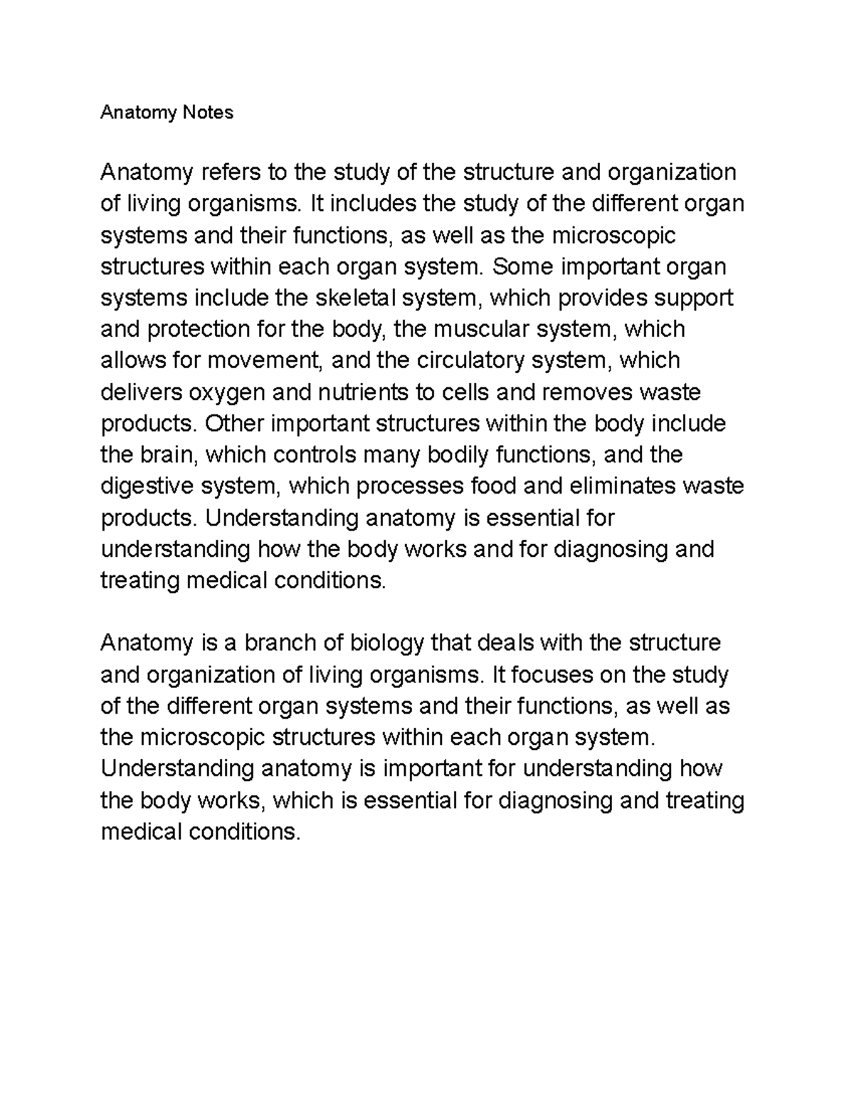 AP Biology Notes on Anatomy - Anatomy Notes Anatomy refers to the study ...