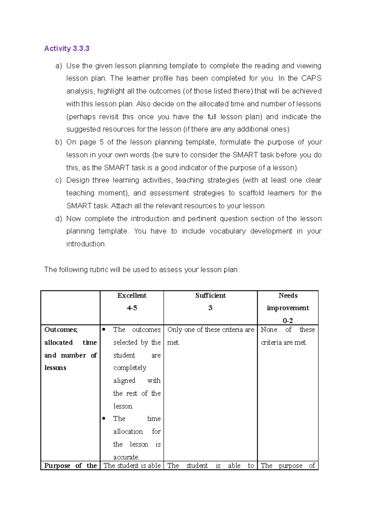 Lesson planning assignment - Activity 3. a) Use the given lesson ...