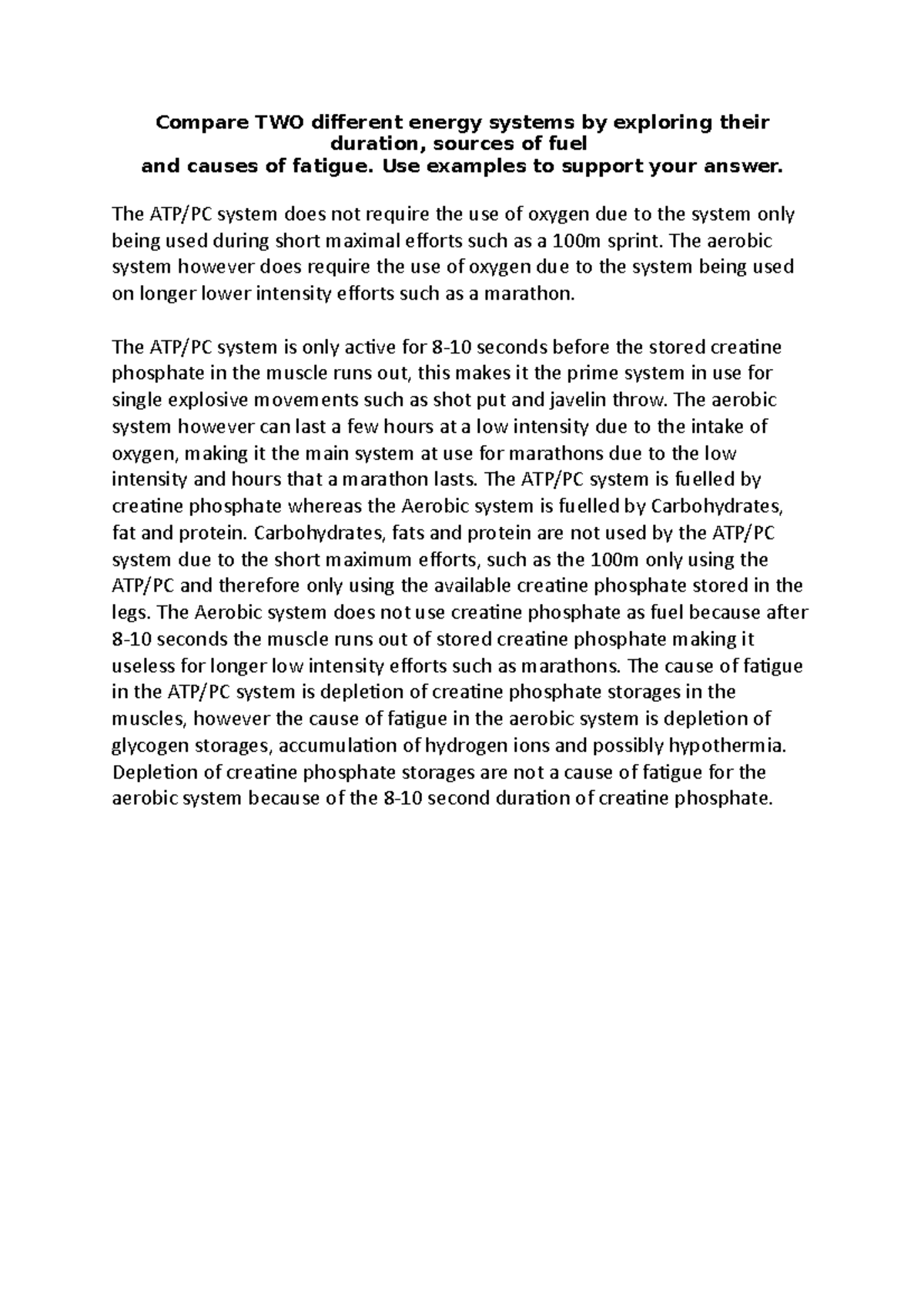 Energy System Question - Compare TWO different energy systems by ...