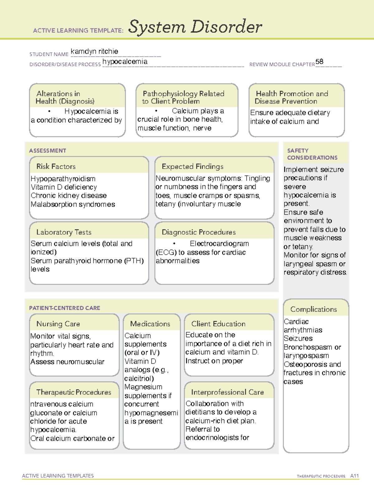 Hypocalcemia - N?A - ACTIVE LEARNING TEMPLATES TherapeuTic procedure A ...