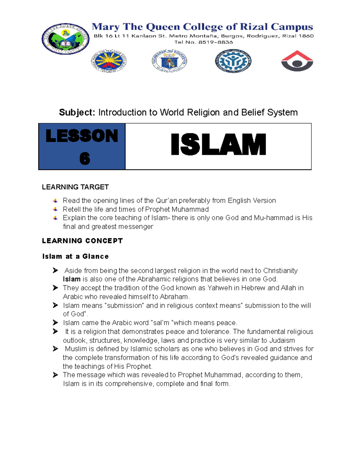 Lesson 6- Intro - MIL - Subject: Introduction to World Religion and ...