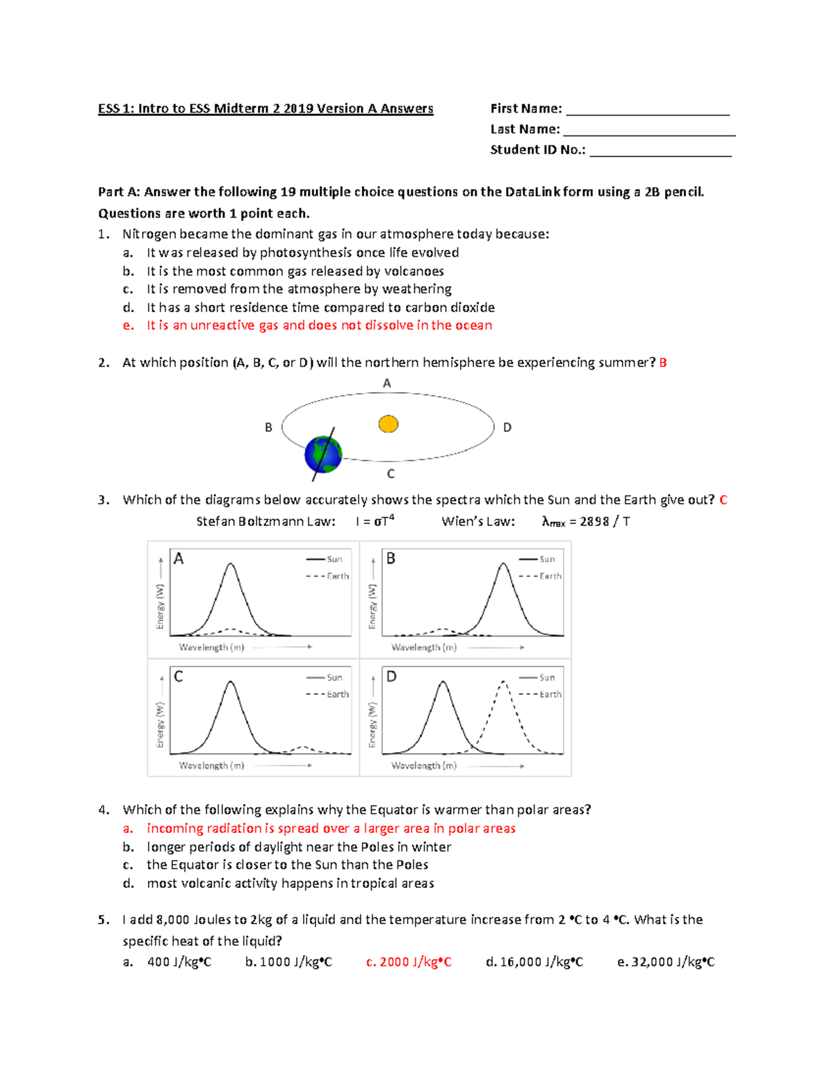 ESS 1 2019 Midterm 2 Version A Answers - ESS 1: Intro to ESS Midterm 2 ...