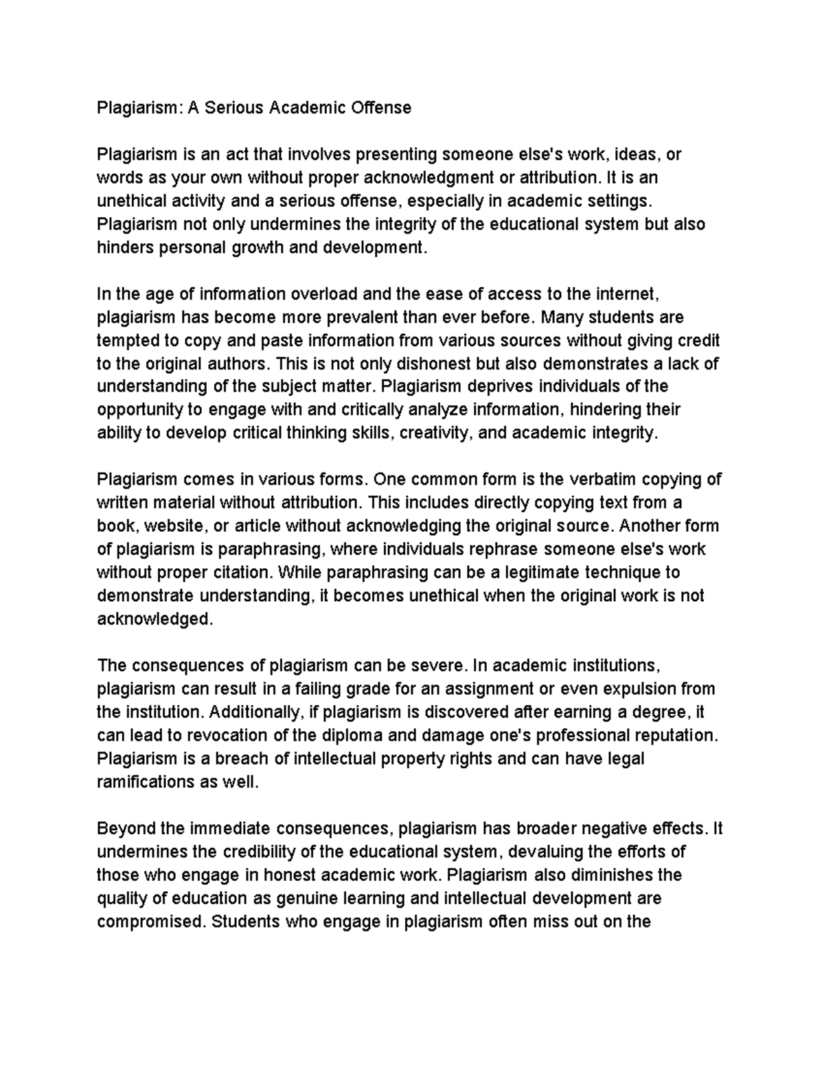 Untitled document (27) - Plagiarism: A Serious Academic Offense ...