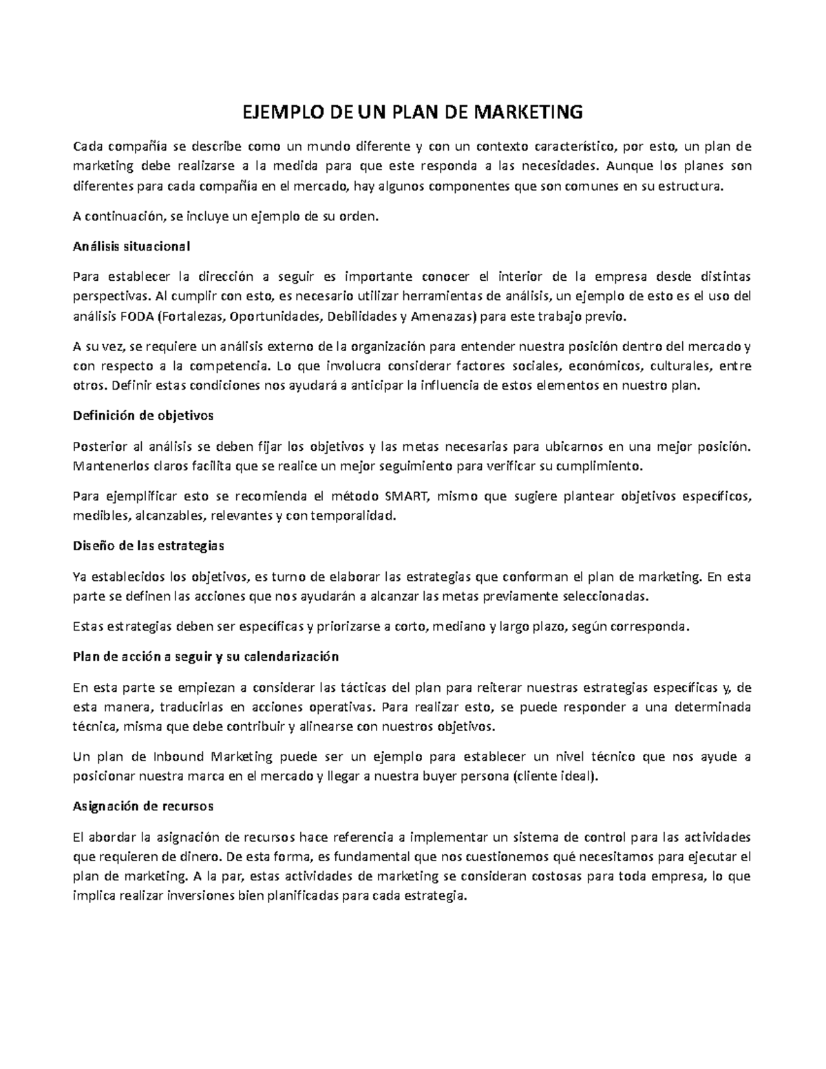 Ejemplo DE UN PLAN DE Marketing - EJEMPLO DE UN PLAN DE MARKETING Cada compañía se describe como ...