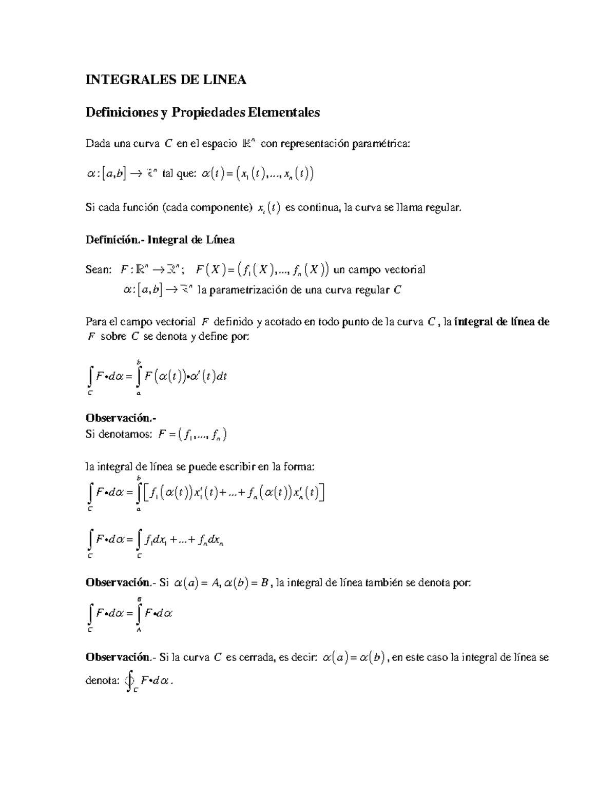 Integral de Línea - INTEGRALES DE LINEA Definiciones y Propiedades ...