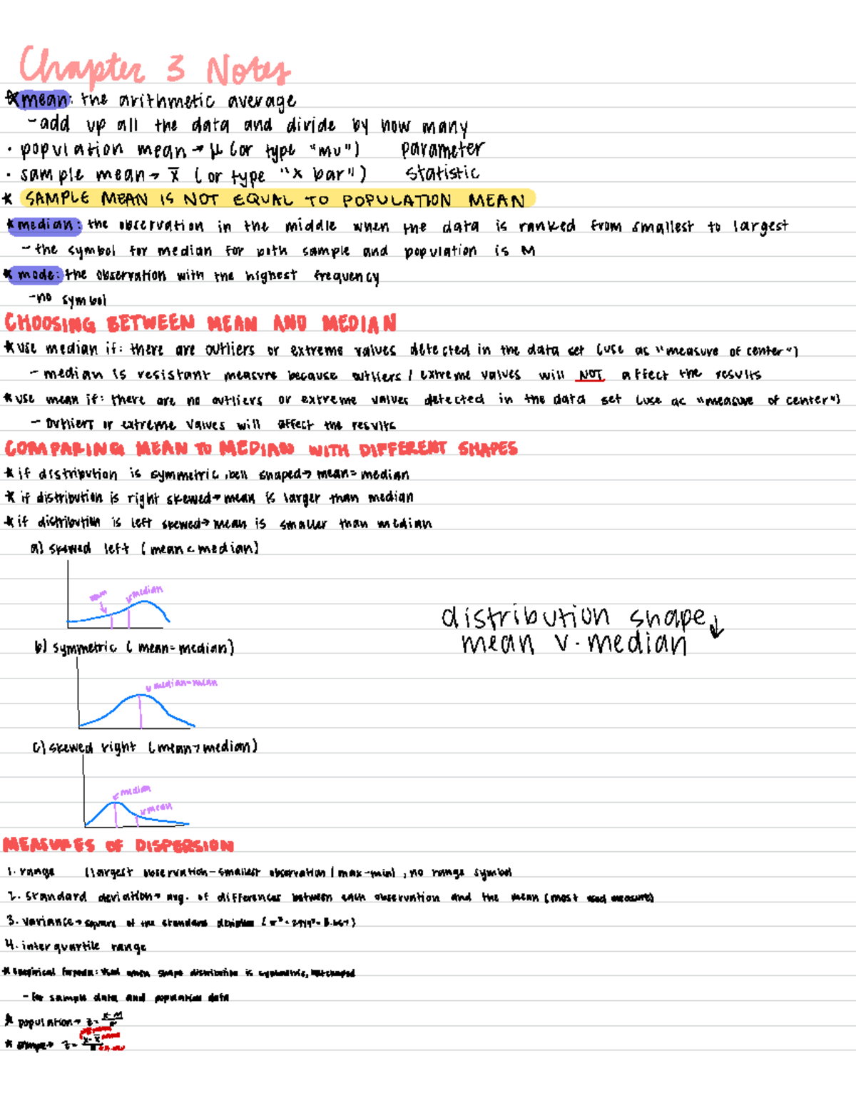 Chapter 3 Notes - Chapter 3 Notes & mean : ####### the arithmetic ...