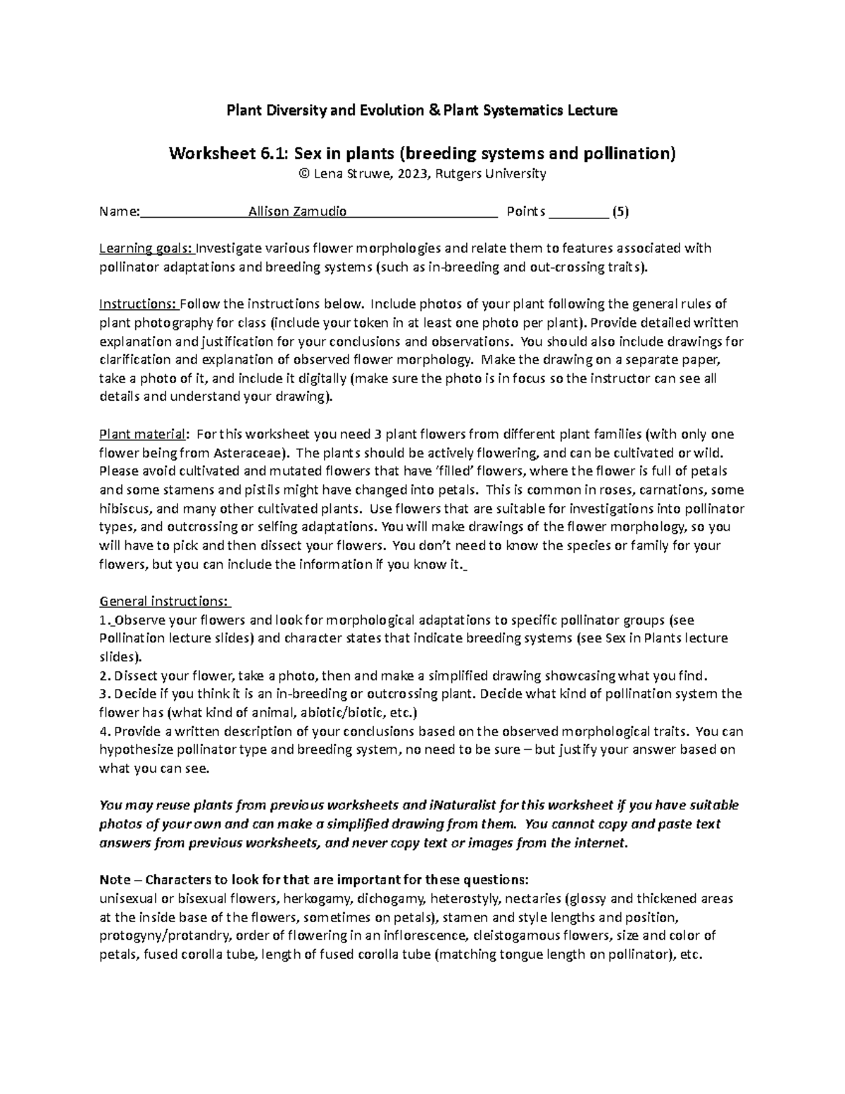 Worksheet 6.1 Sex in Plants Struwe 2023 - Plant Diversity and Evolution ...