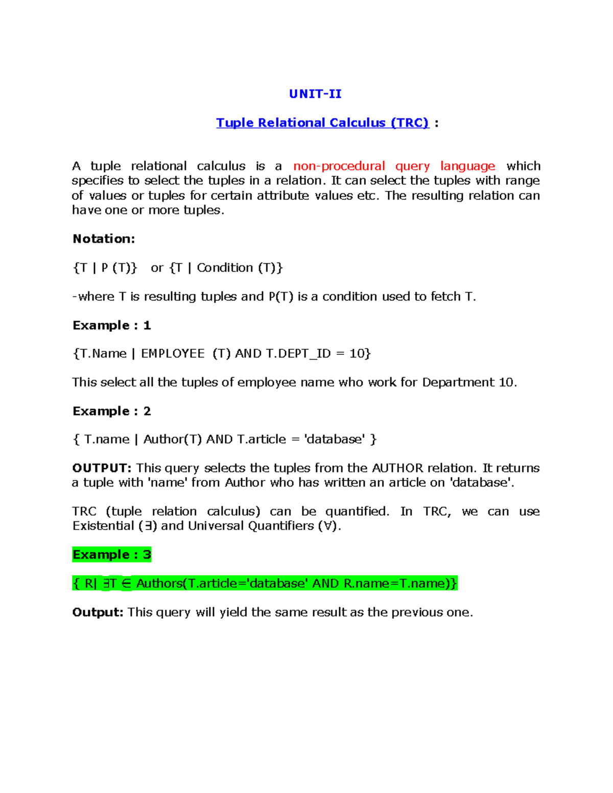 UNIT II TRC, DRC - Short note on trc and drc - UNIT-II Tuple Relational ...