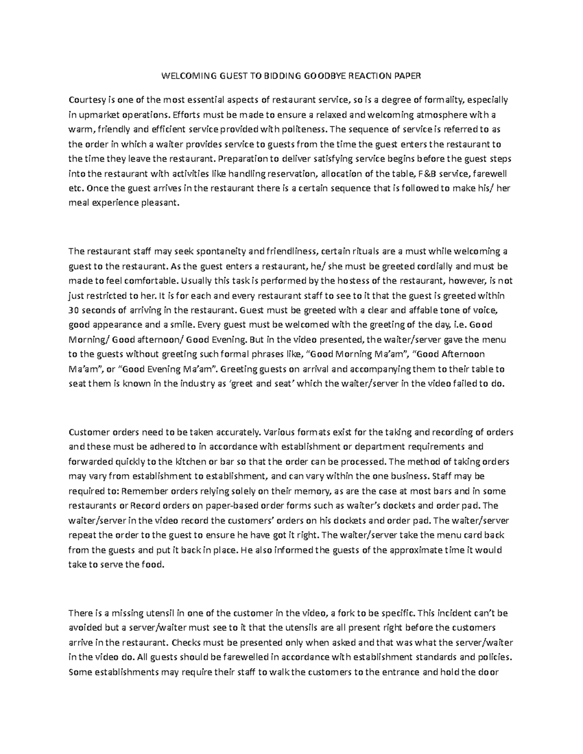 Welcoming Guest TO Bidding Goodbye Reaction Paper - WELCOMING GUEST TO ...