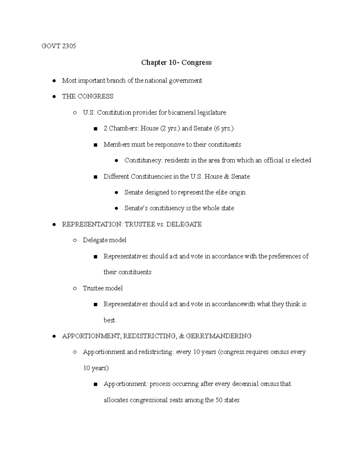 Chapter 10- Congress - GOVT 2305 Chapter 10- Congress Most important ...