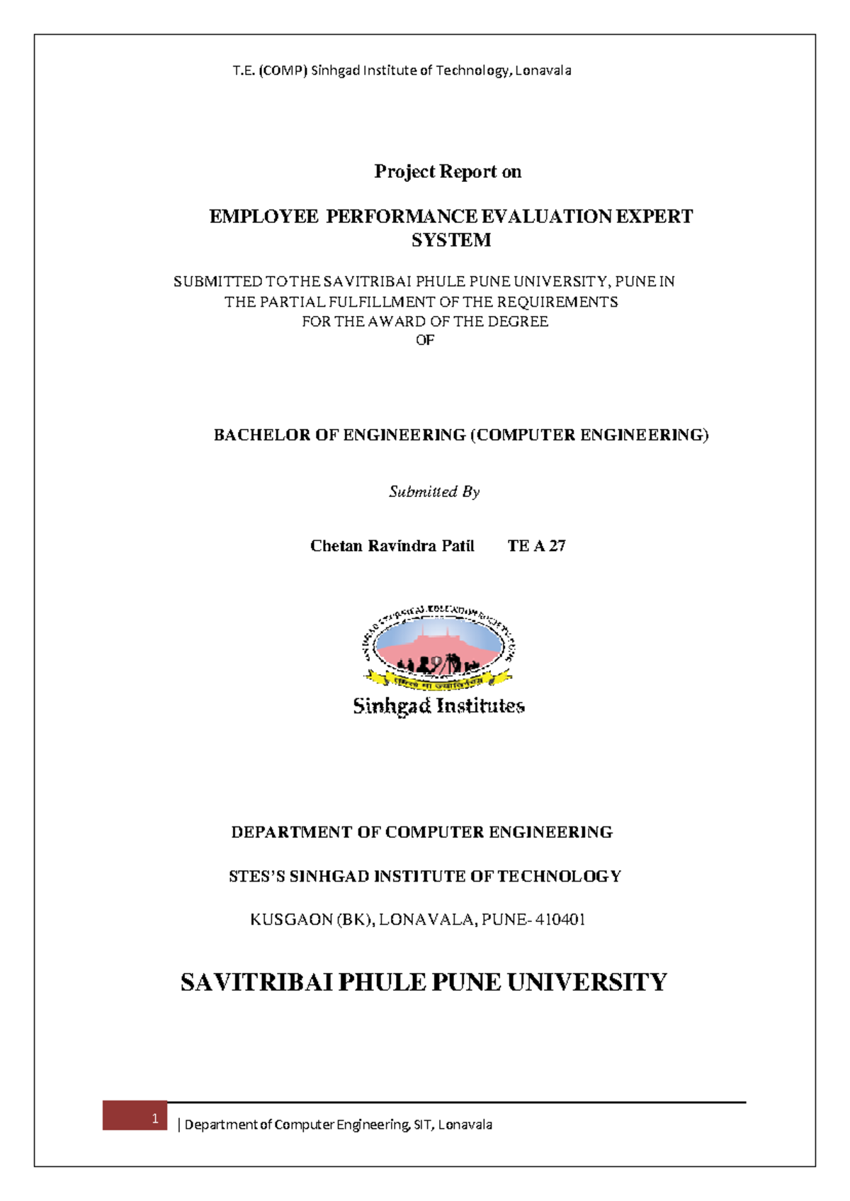AI mini project front page - T. (COMP) Sinhgad Institute of Technology, Lonavala Project Report ...