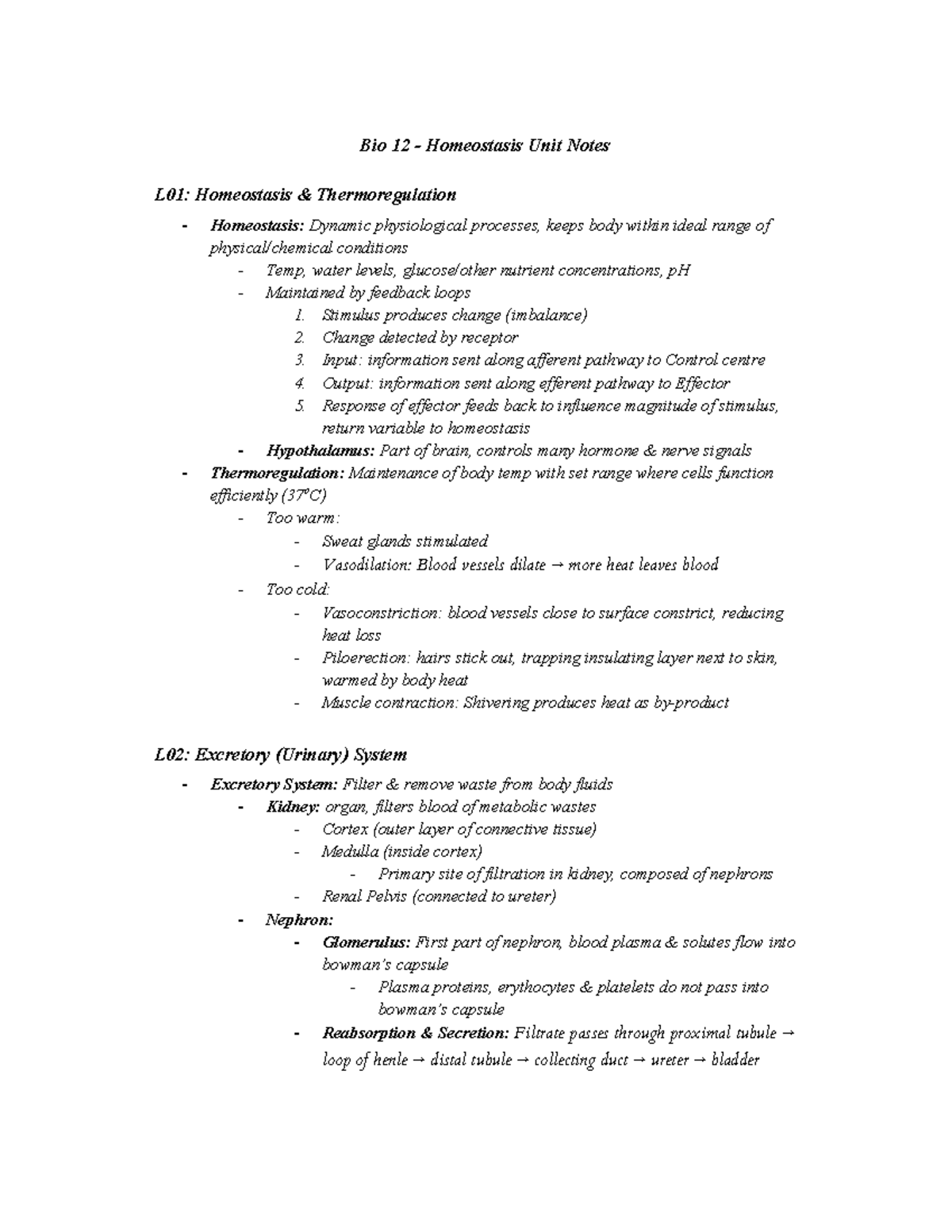 Bio 12 - Homeostasis Unit Notes - Bio 12 - Homeostasis Unit Notes L01 ...