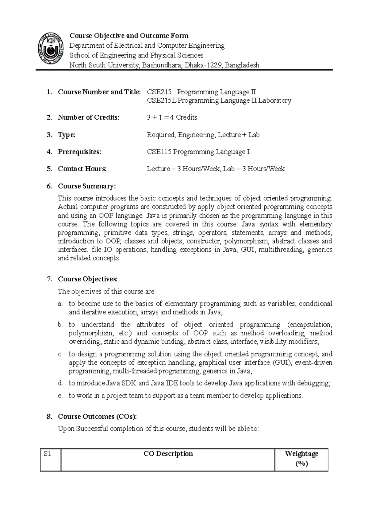 CSE215 Course Outline(3rd Sem) - Course Objective and Outcome Form ...