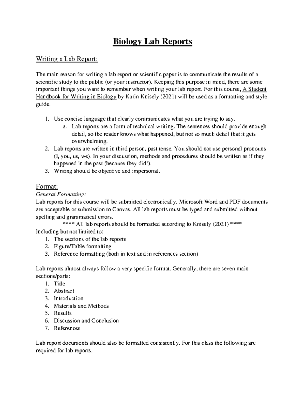 Lab Report Guidelines - Biology Lab Reports Writing a Lab Report: The ...