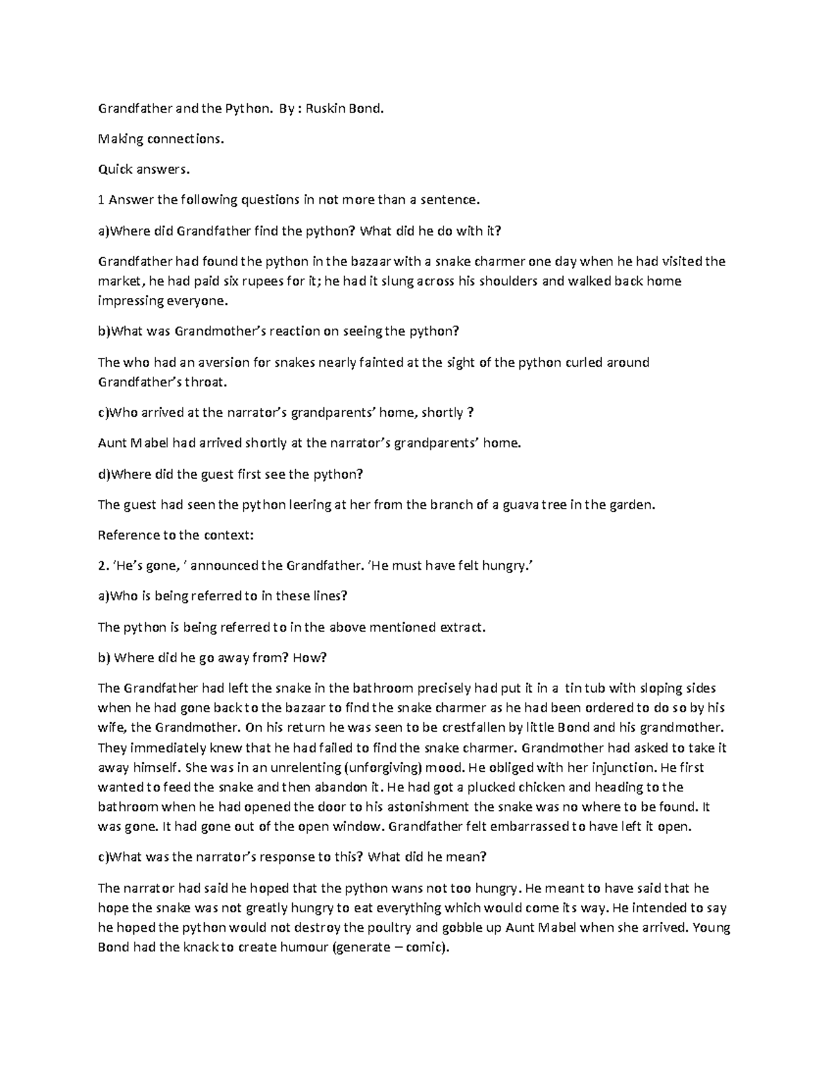 Reference TO THE Context - Grandfather and the Python. By : Ruskin Bond ...