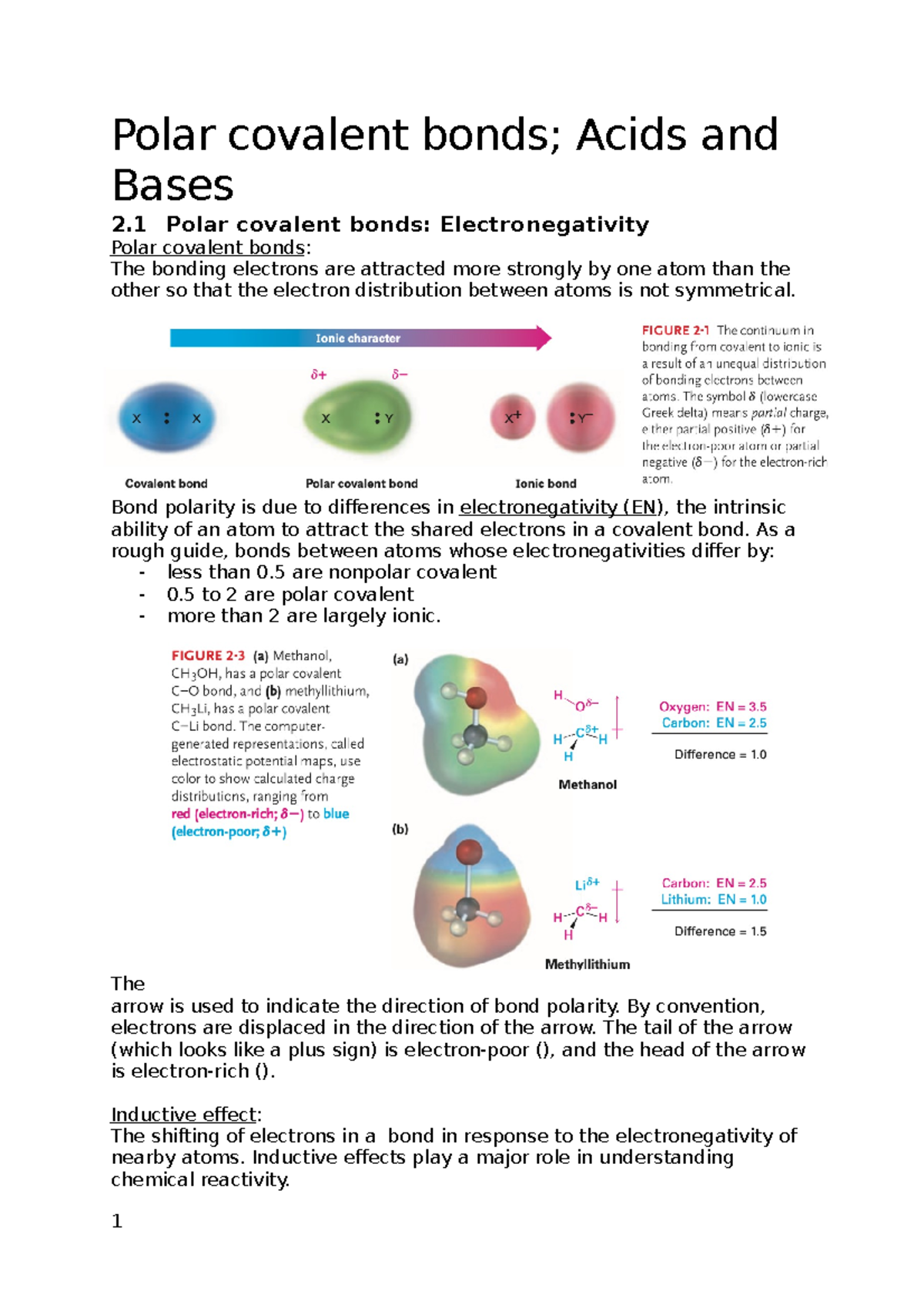 Organic chemistry 1 - Samenvatting - Polar covalent bonds; Acids and ...
