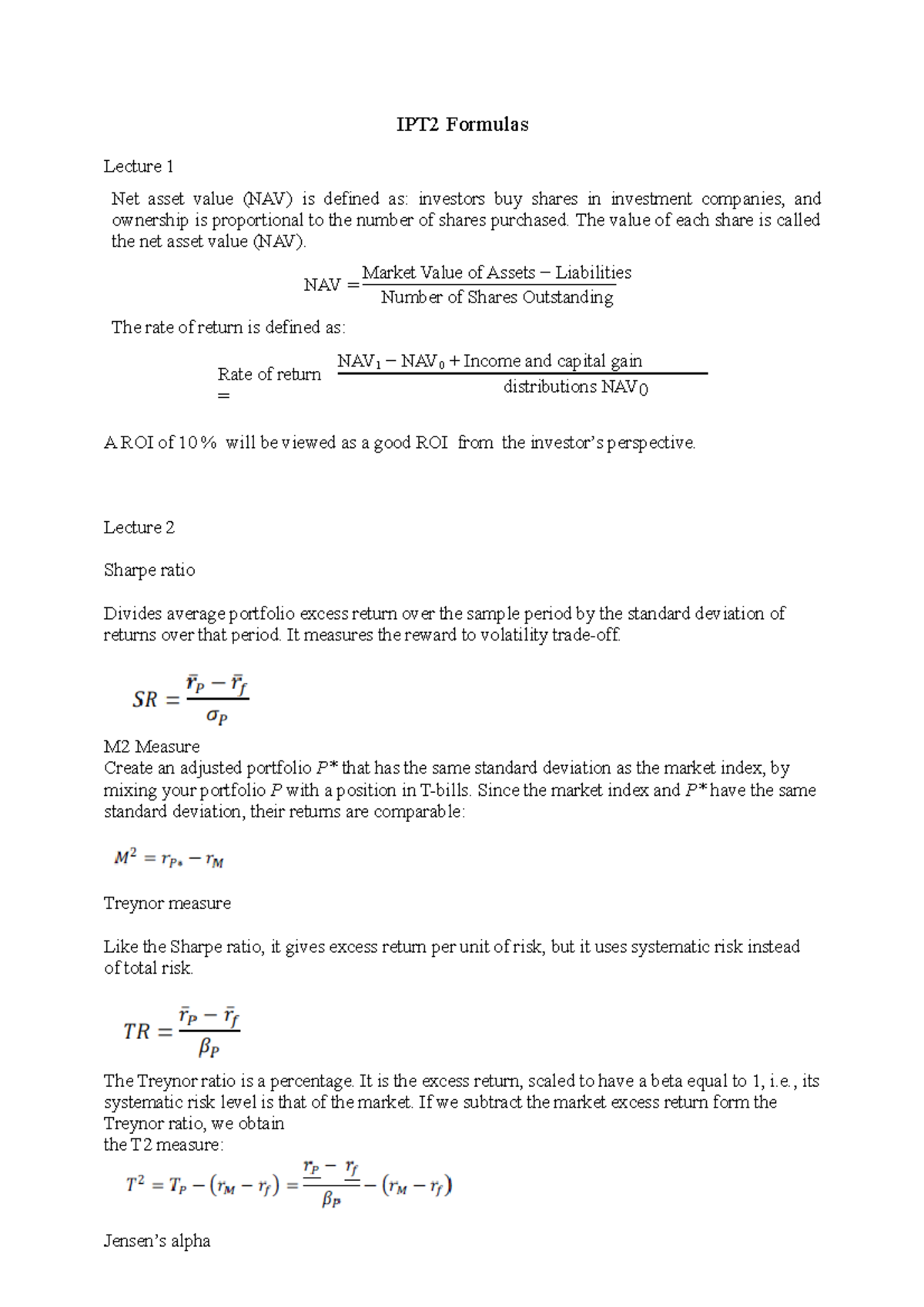 IPT2 Formulas - IPT2 Formulas Lecture 1 Net asset value (NAV) is ...