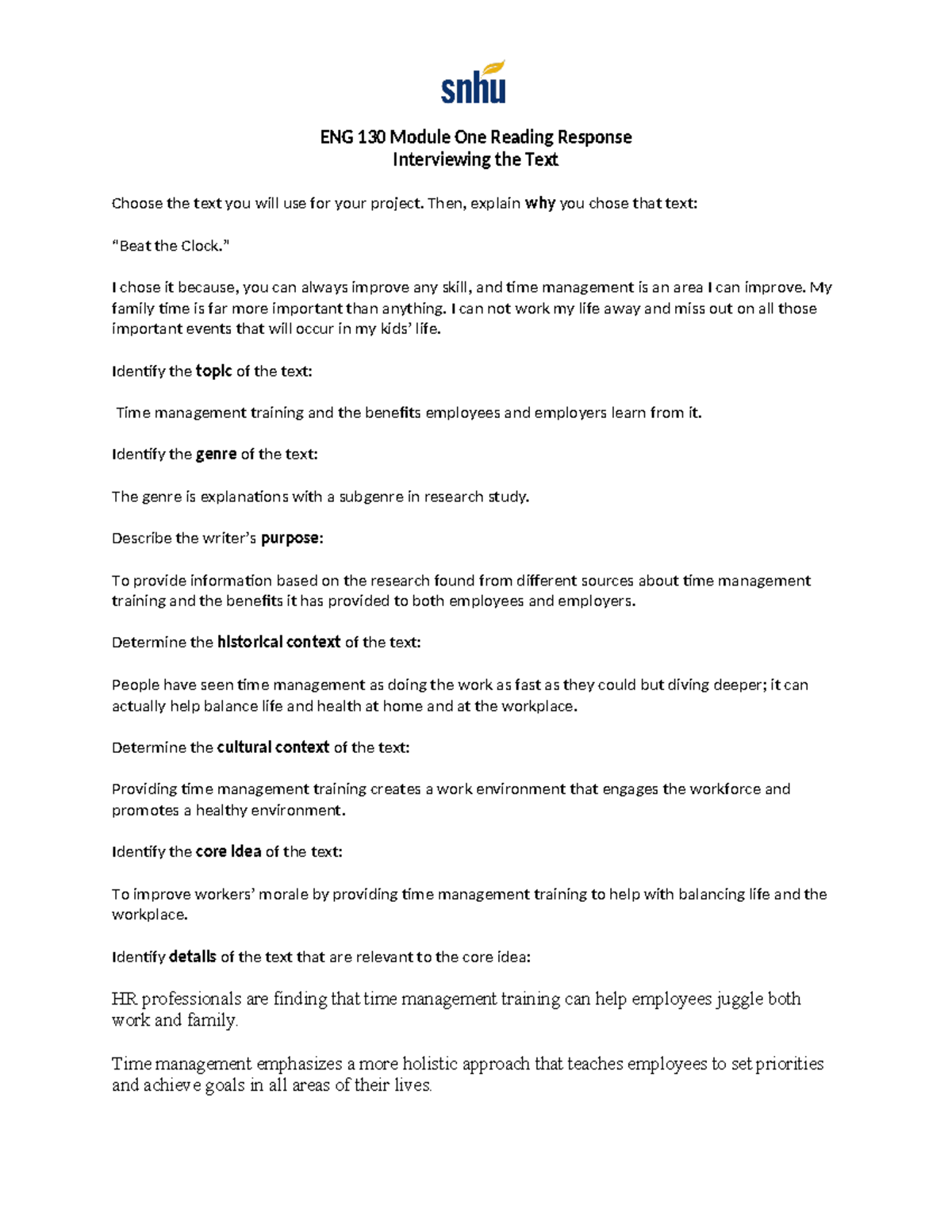 ENG 130 Module One Reading Response - ENG 130 Module One Reading Response Interviewing the Text ...