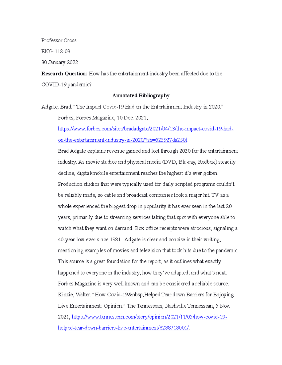 Annotated Bibliography - Professor Cross ENG-112- 30 January 2022 ...