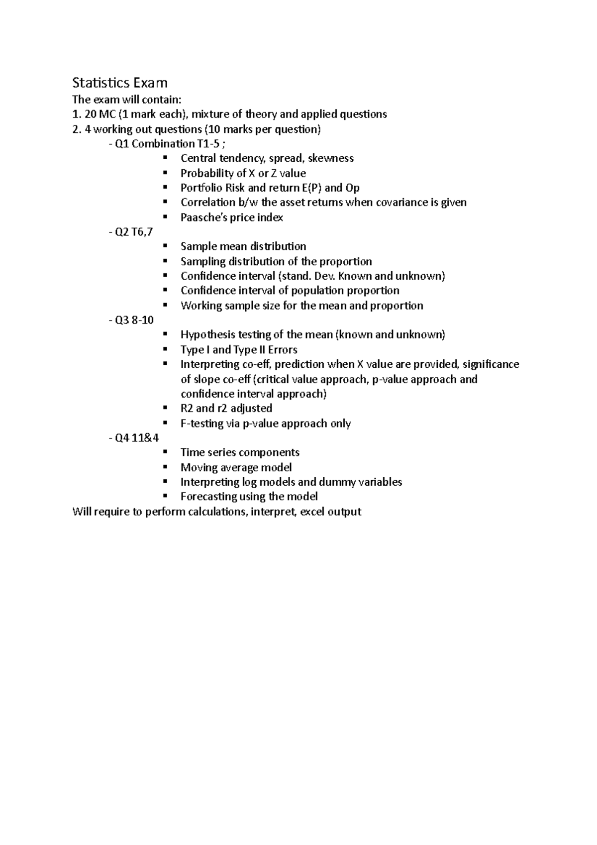 Statistics Examination Notes 2018 - Statistics Exam The exam will ...