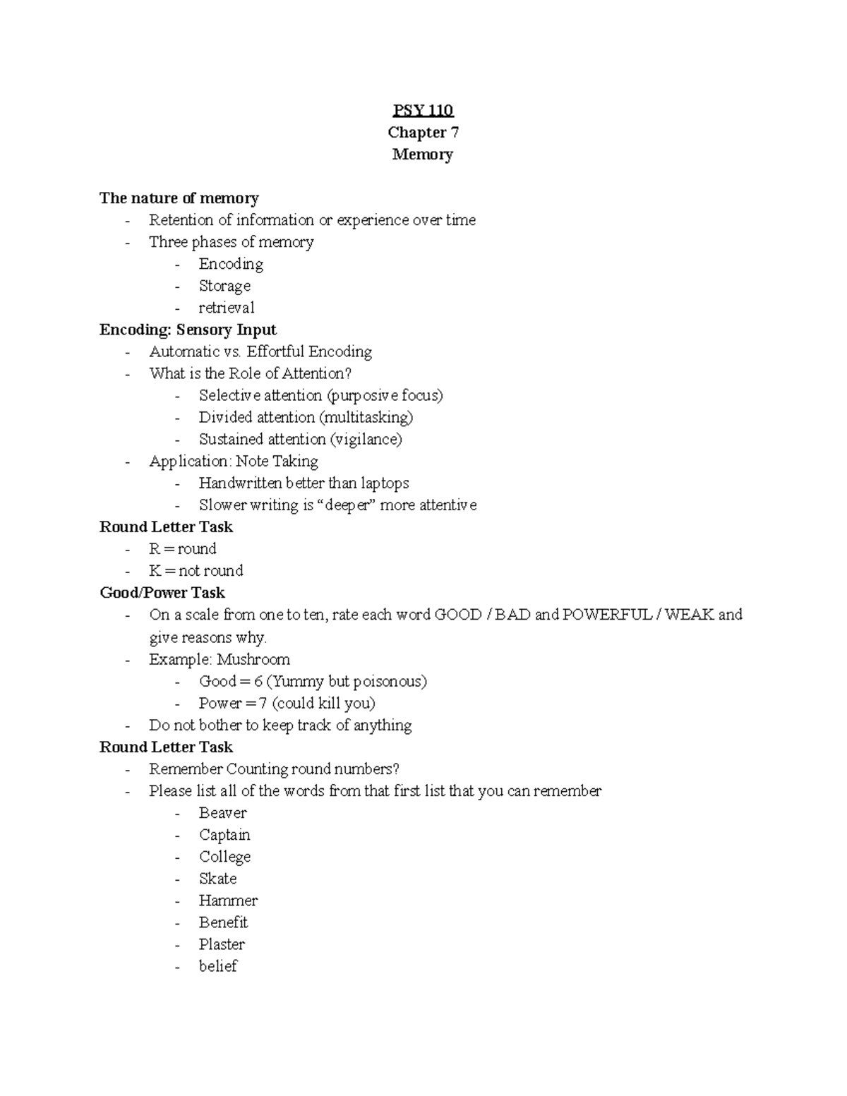 PSY 110 Chapter 7.1 notes - PSY 110 Chapter 7 Memory The nature of ...