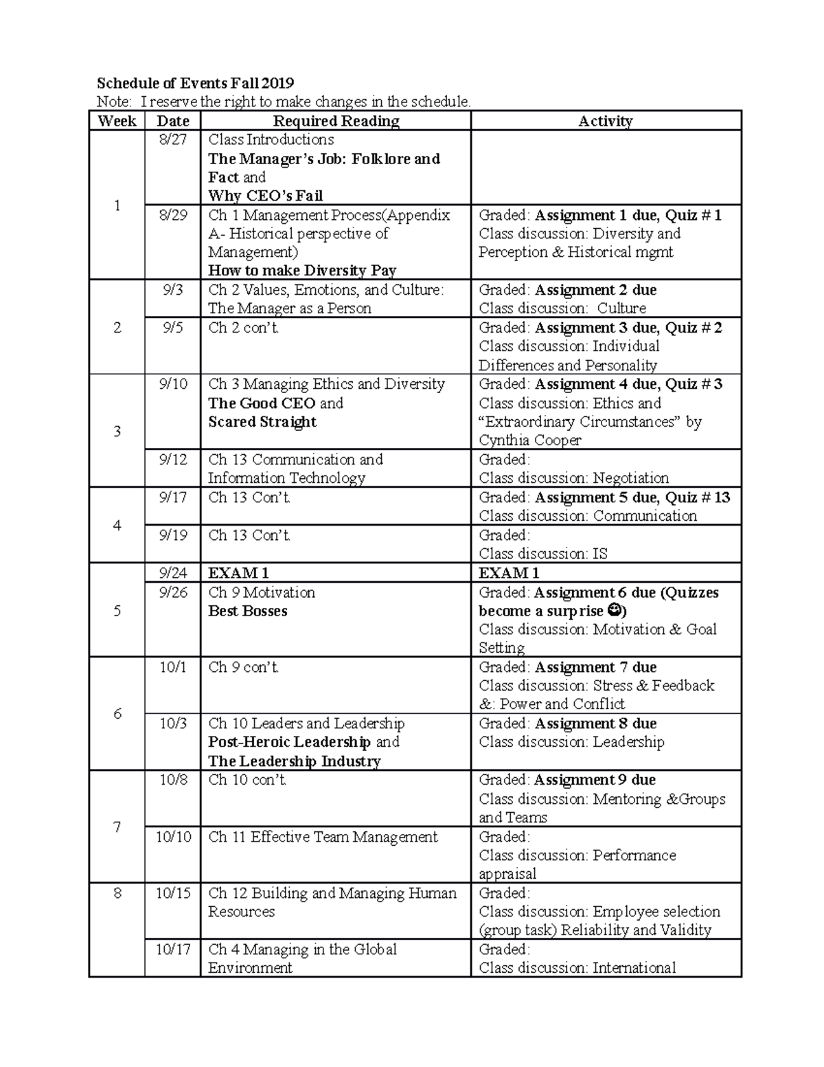Course schedule class - Schedule of Events Fall 2019 Note: I reserve ...