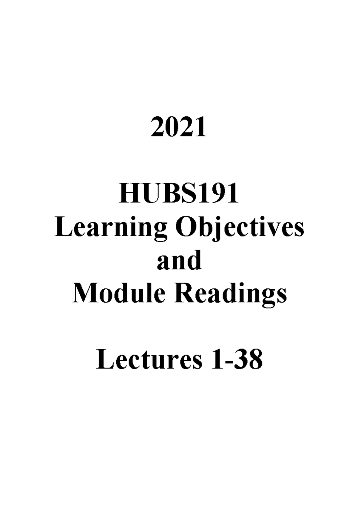 2021 HUBS191 Lecture Objectives - 2021 HUBS Learning Objectives and ...