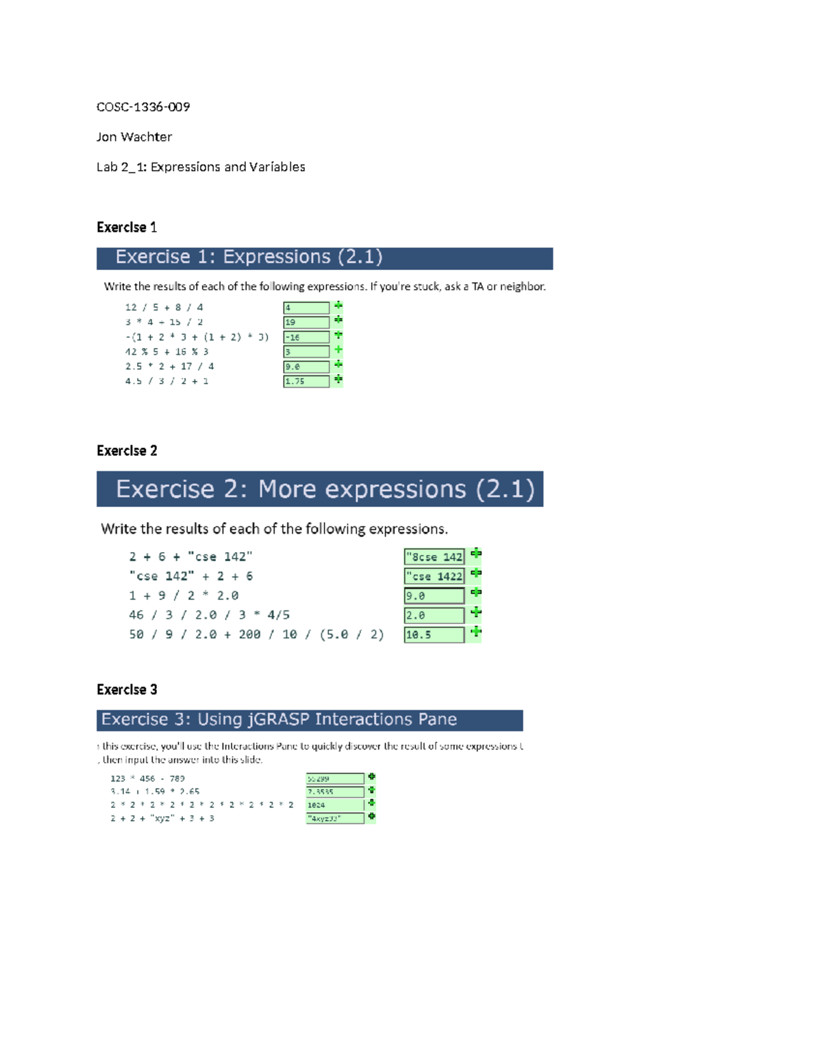 Lab2 1 Expressions and Variables - COSC 1315 - COSC-1336- Jon Wachter ...