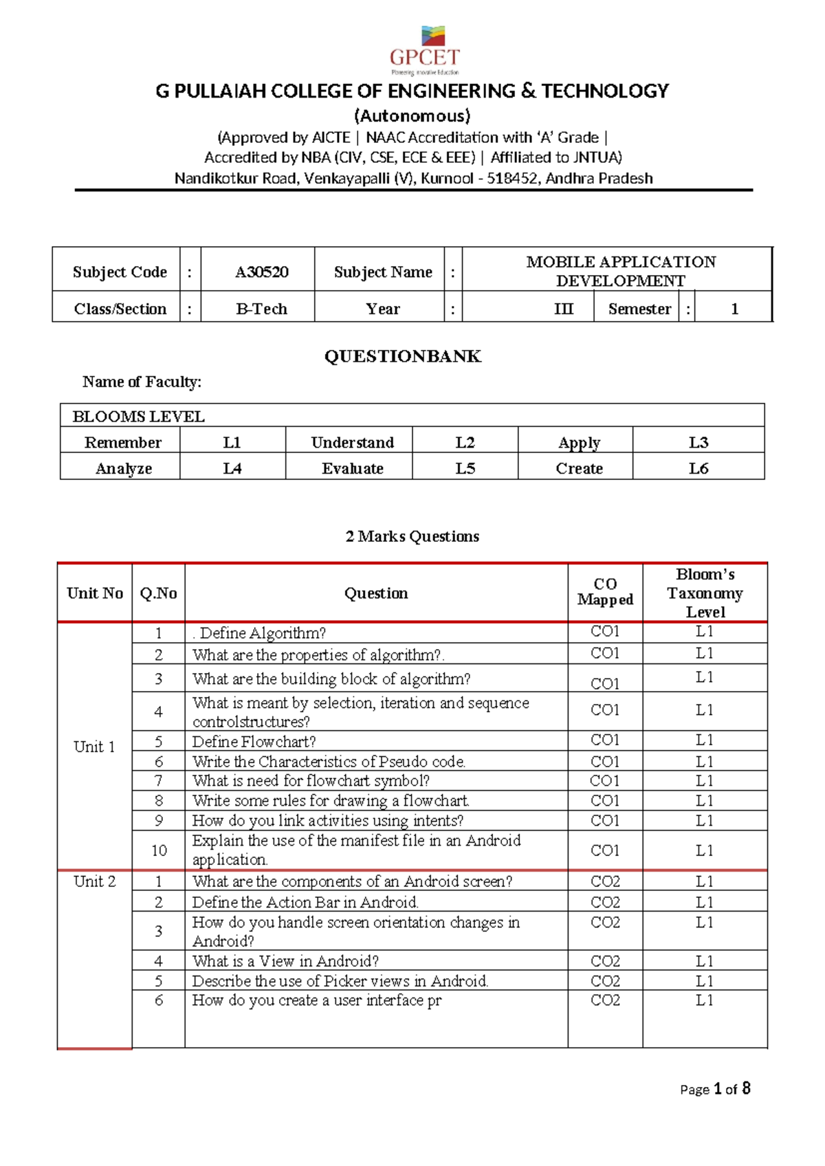 MAD Questionbank - mobile application development - (Autonomous) (Approved by AICTE | NAAC - Studocu