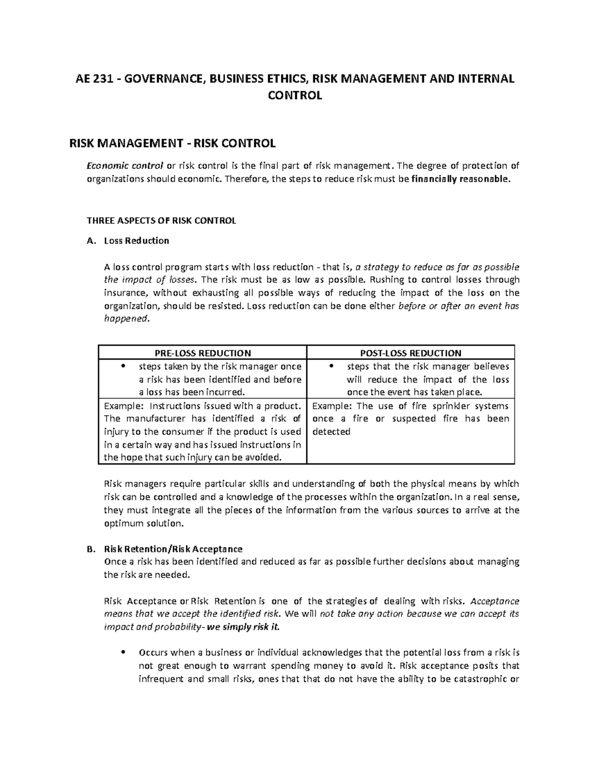 Risk Control - CORPORATE GOVERNANCE - AE 231 - GOVERNANCE, BUSINESS ...