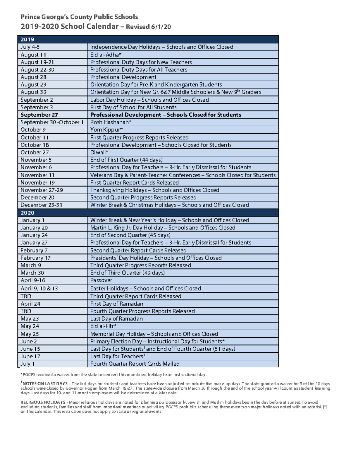 2019-2020 School Calendar v6-1-20 - Prince George’s County Public ...