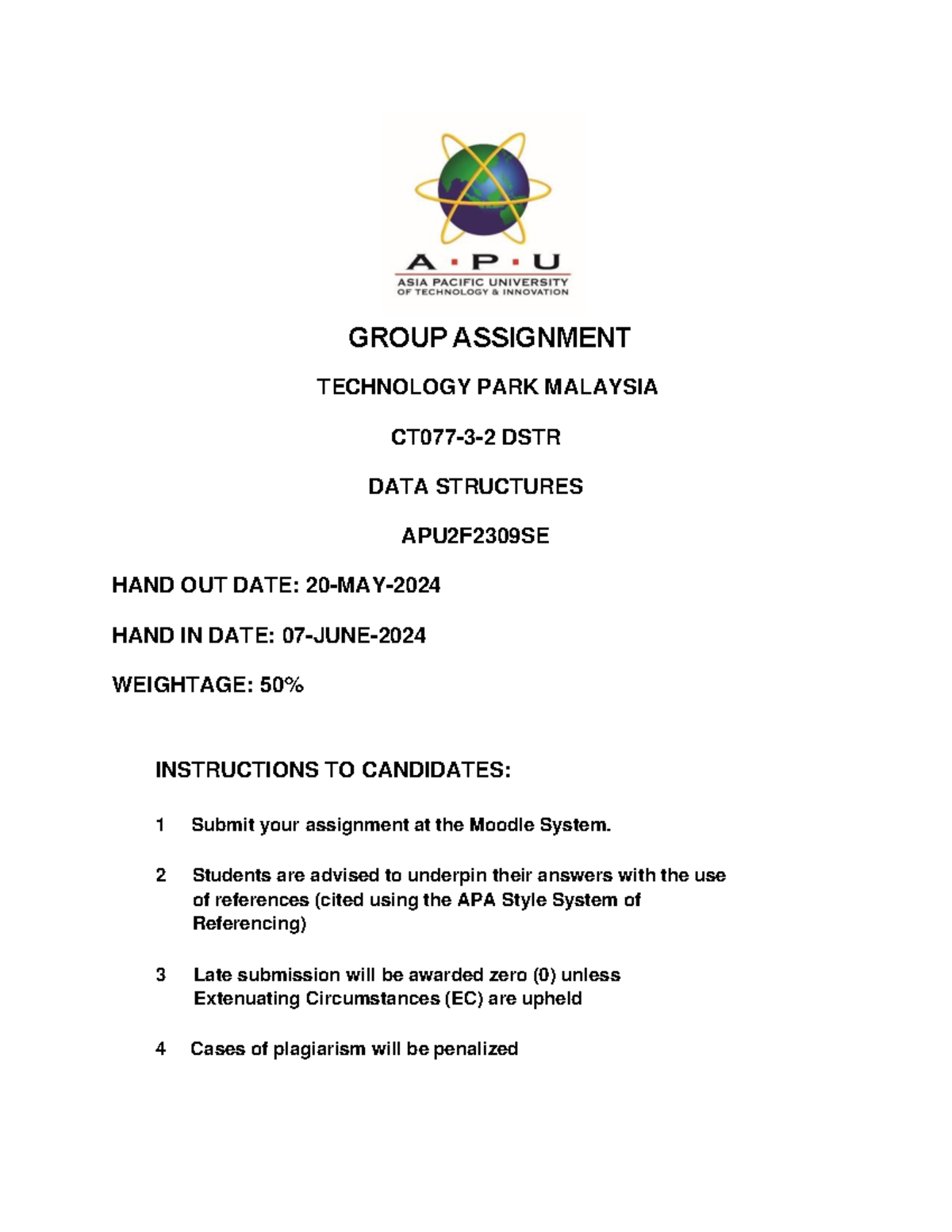 Data Structure Assignment 1 - GROUP ASSIGNMENT TECHNOLOGY PARK MALAYSIA CT077- 3 - 2 DSTR DATA ...