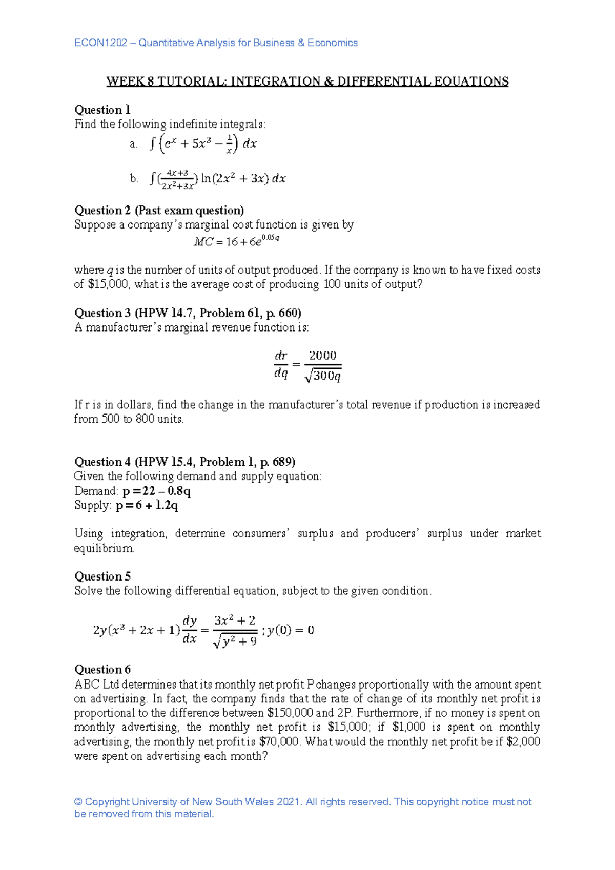 Week 8 Tutorial Questions on calculus and - ECON1202 – Quantitative ...
