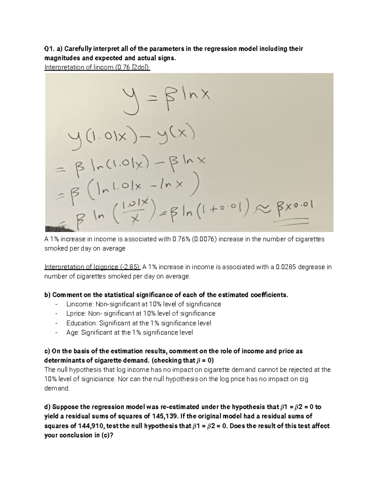 ECON3208 - Tutorial 1 - Q1. a) Carefully interpret all of the parameters in the regression model ...