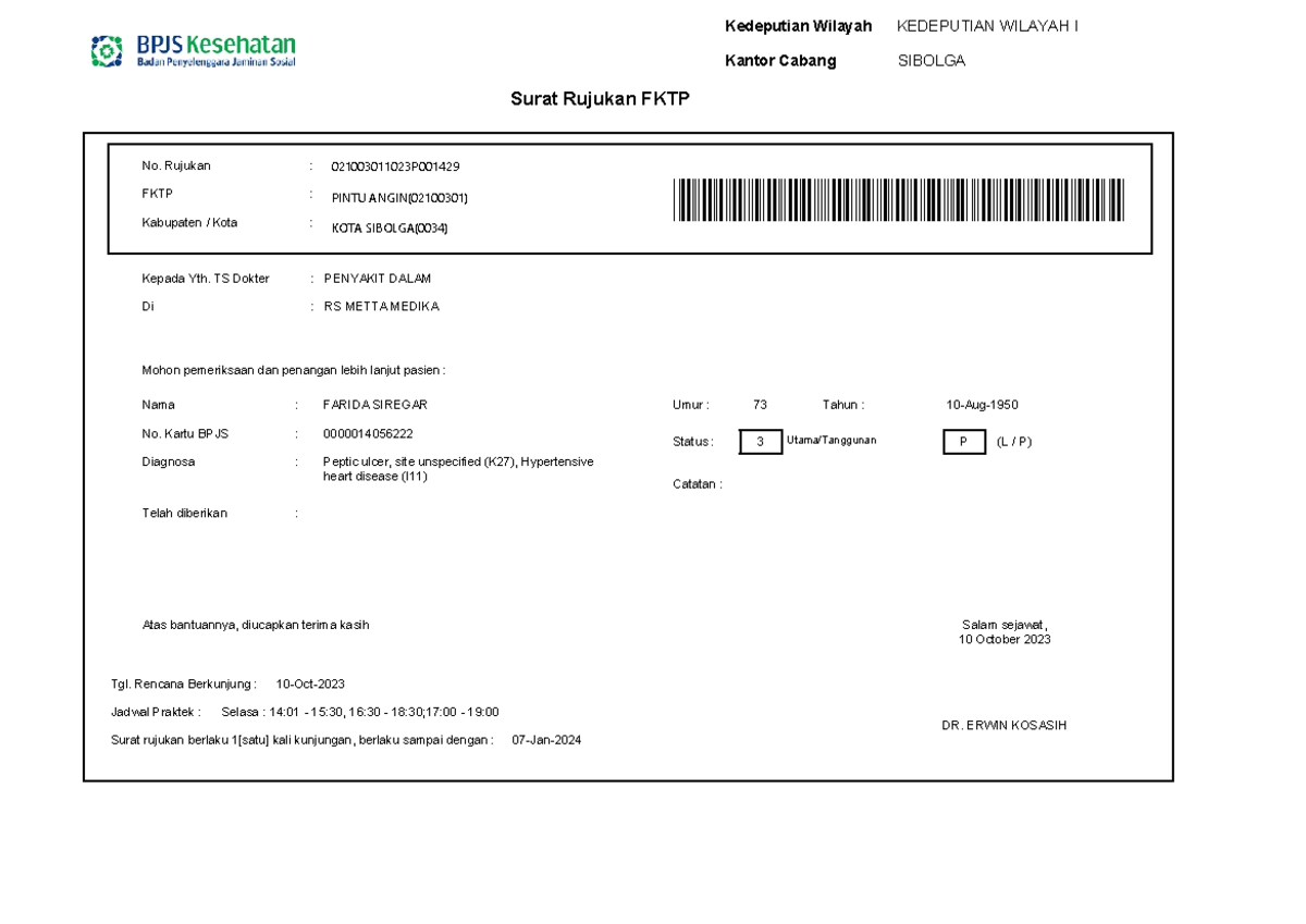 Create PDF 10 - rujukan - Kedeputian Wilayah Surat Rujukan FKTP KEDEPUTIAN WILAYAH I Kantor ...
