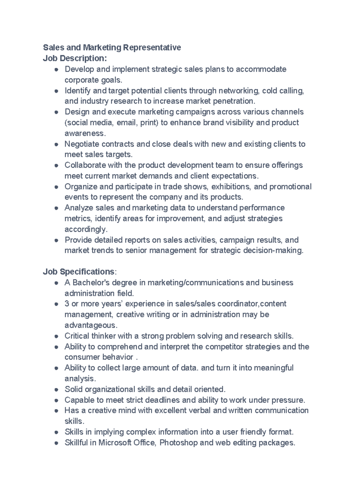 sales and marketing representative - Sales and Marketing Representative ...