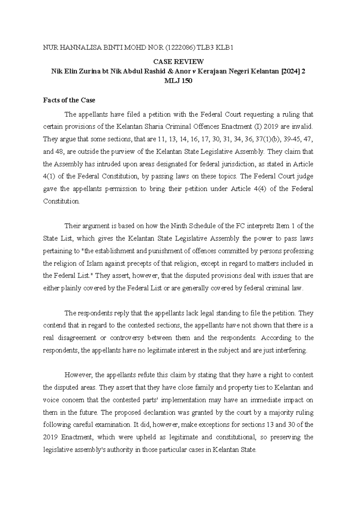 Case Review on Nik Elin - NUR HANNALISA BINTI MOHD NOR (1222086) TLB3 ...