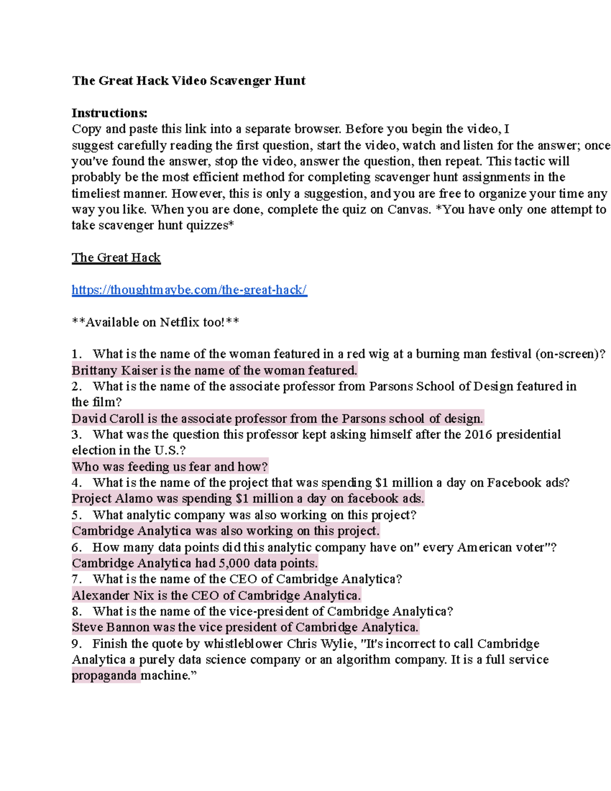 The Great Hack Video Scavenger Hunt - Google Docs - The Great Hack ...