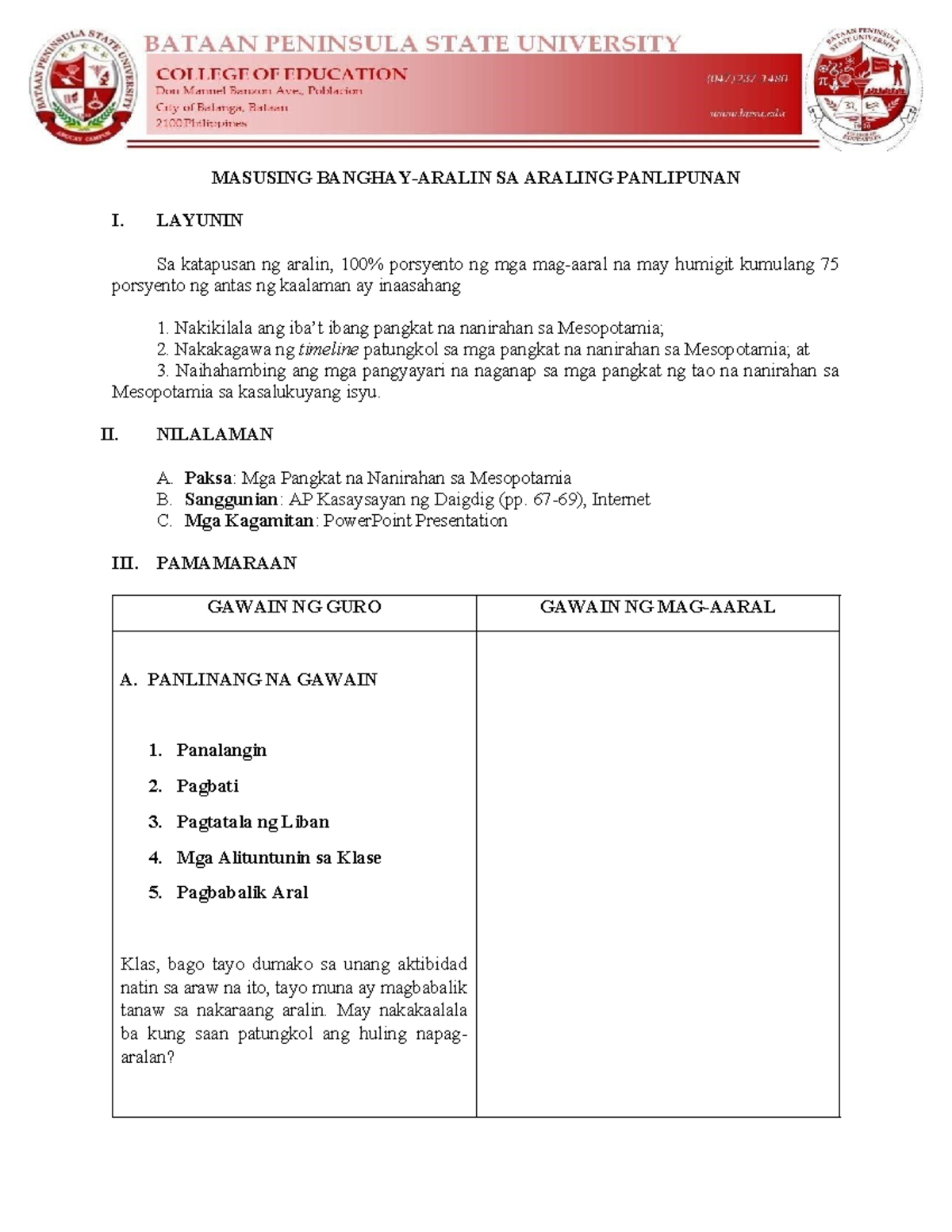DLP Mga Pangkat Ng Tao Sa Mesopotamia - MASUSING BANGHAY-ARALIN SA ARALING PANLIPUNAN I. LAYUNIN ...