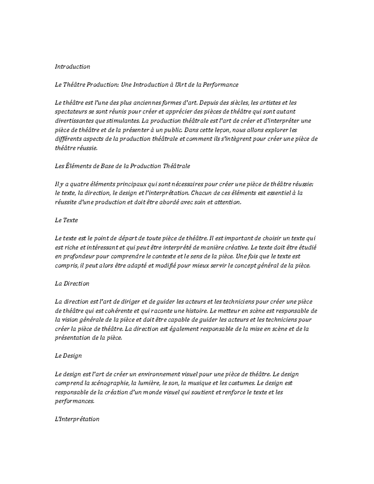 Theatre Production note study - Introduction Le Théâtre Production: Une ...