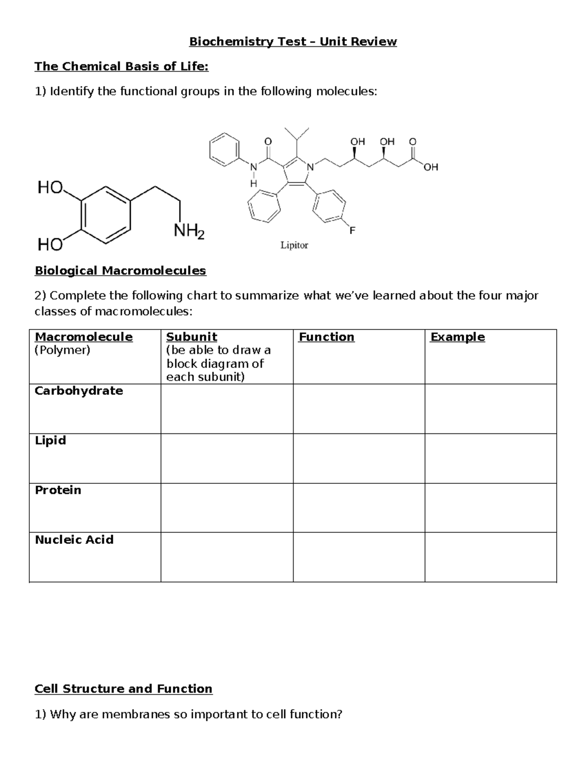 Bio Chem Review Package - Biochemistry Test – Unit Review The Chemical ...