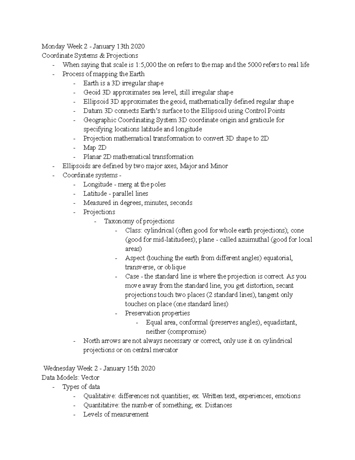 GIS Notes Week 2 - Monday Week 2 - January 13th 2020 Coordinate Systems ...