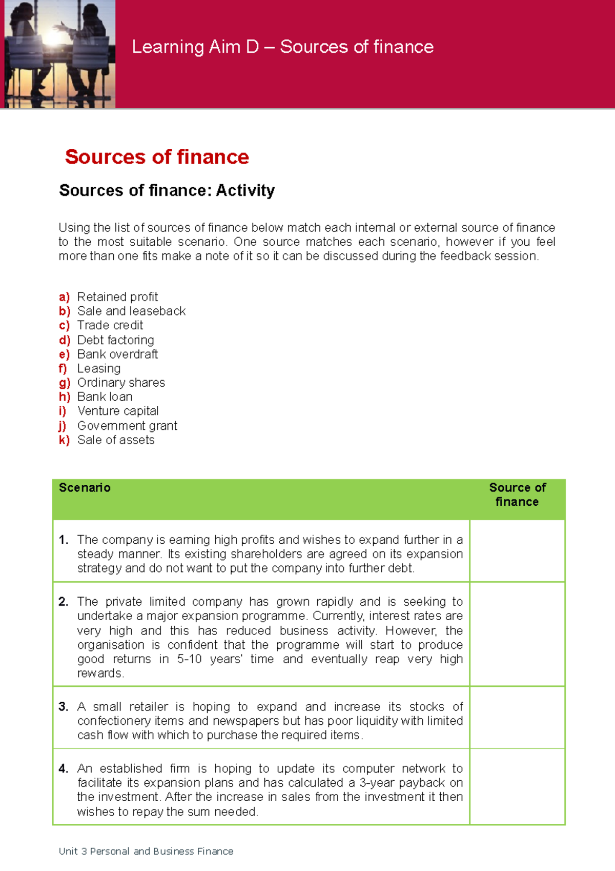 Sources of finance activity - Learning Aim D – Sources of finance ...