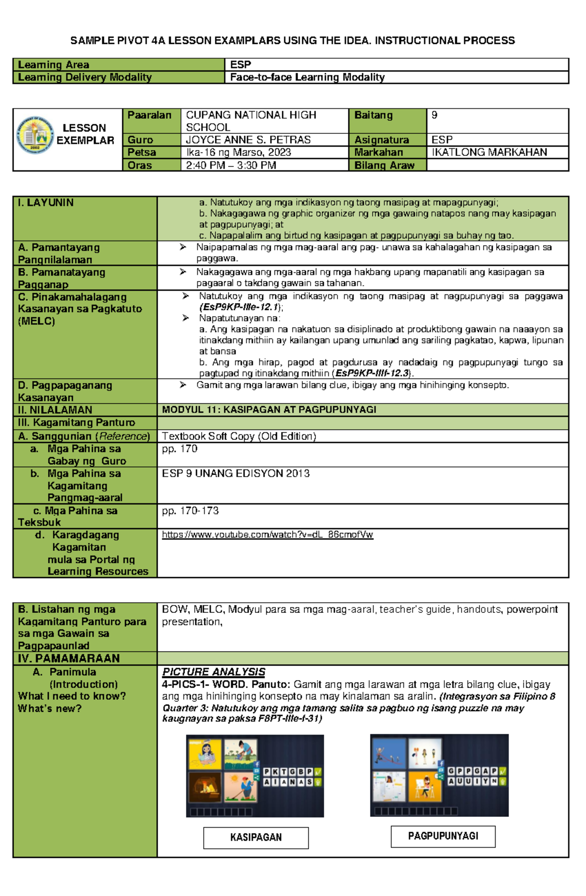 CO 1 LE 2023 Petras - IDEA Lesson Exemplar for CO1 - SAMPLE PIVOT 4A LESSON EXAMPLARS USING THE ...