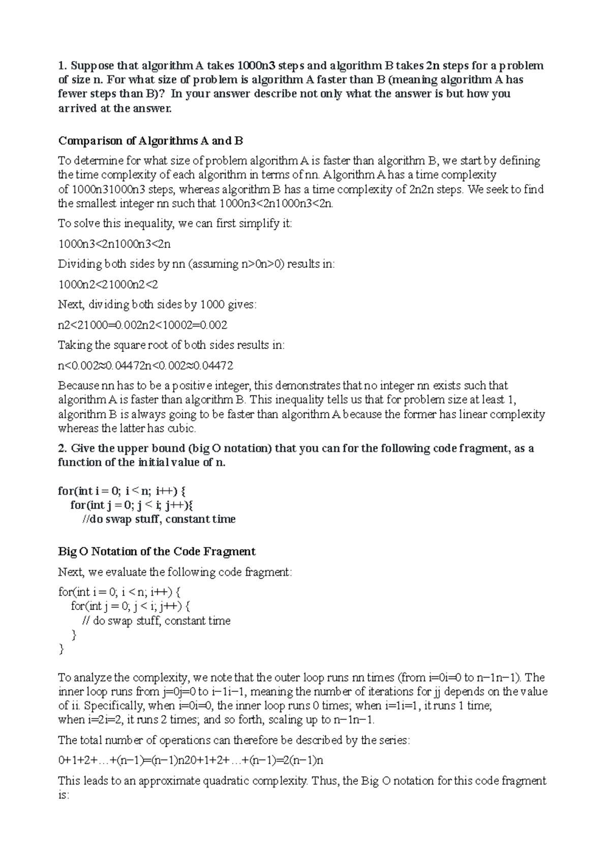 Cs3303 Df Unit 2 Suppose That Algorithm A Takes 1000n 3 Steps And