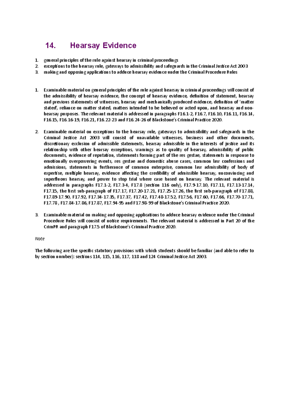 BSB Syllabus - 14. Hearsay Evidence general principles of the rule ...