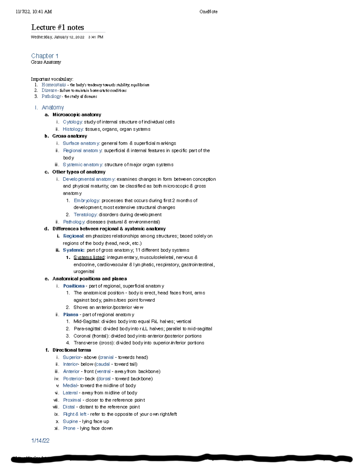 Anatomy lecture #1 notes - 11/7/22, 10:41 AM OneNote - Studocu
