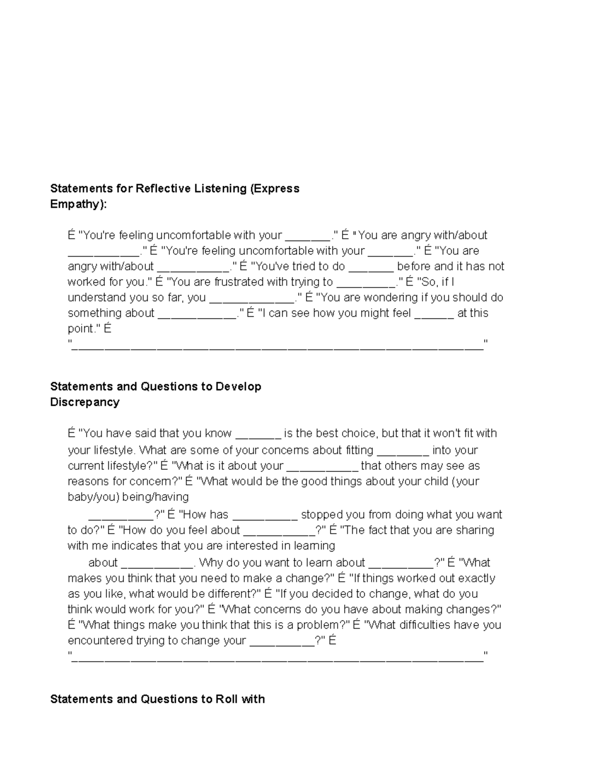 MI Questions - helpful for MI assignment - Statements for Reflective ...