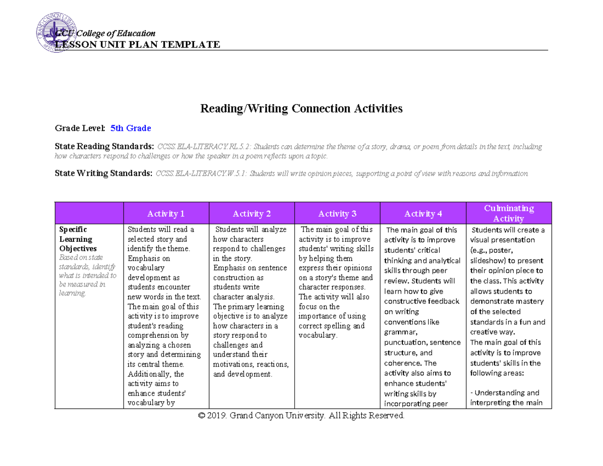 REA 365 T6 Reading Writing Activities - GCU College of Education LESSON ...