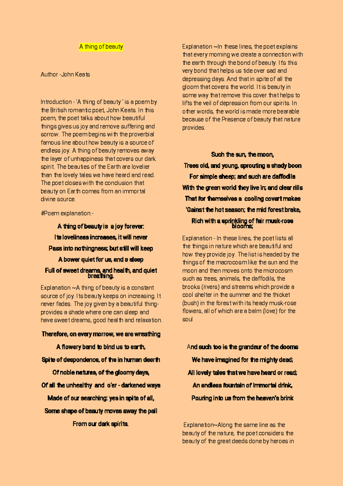 A thing of beauty - In this poem, the poet talks about how beautiful ...